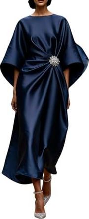 Generic Robe longue en satin &agrave; col rond et manches chauve-souris pour femme - Col rond - Taille torsad&eacute;e - &Eacute;l&eacute;gante robe de soir&eacute;e formelle, Vert, XXL