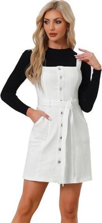 Allegra K Robe Salopette pour Femme à Bretelles Ajustables Robe en Jean Coupe trapèze Blanc M
