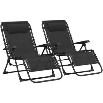 OUTSUNNY Lot de 2 chaises longues pliables z&eacute;ro gravit&eacute; coussin t&eacute;ti&egrave;re amovible m&eacute;tal &eacute;poxy textil&egrave;ne noir