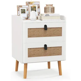 Costway Commode 2 Tiroirs, Table de Chevet avec Pieds en Bois Massif, Poign&eacute;e Noir Design, Tiroir en Rotin Boh&egrave;me, Petite Commode Scandinave, Blanc(2