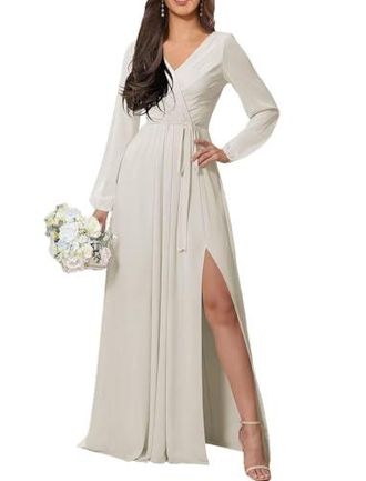 Generic Robe de demoiselle dhonneur à manches longues avec fente plissée en mousseline de soie pour femme, ivoire, 50 Grande taille