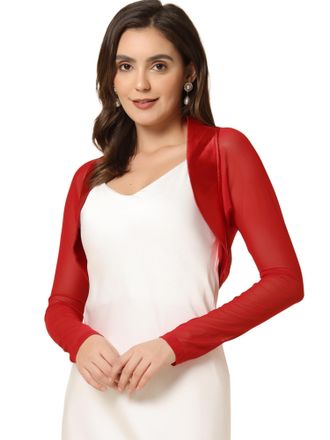 Allegra K Damen Satin Bolero Langarm Hochzeit Crop Shrugs Offen Elegant Chiffon Cardigan Rot L