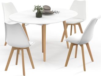 IDMarket Esstisch-Set, ausziehbar, rund, Angela, wei&szlig;, Holzfu&szlig;, 110 - 150 cm und 4 St&uuml;hle Sara, wei&szlig;