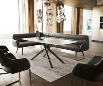 DELIFE Esszimmerbank Taya-Flex 285x190 cm Mikrofaser Anthrazit Vintage Kufengestell flach Effektfinish Titan Taschenfederkern Rechts, Eckb&auml;nke