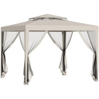 OUTSUNNY Tonnelle barnum de jardin 3L x 3l m avec 4 moustiquaires amovibles - double toit - m&eacute;tal polyester beige