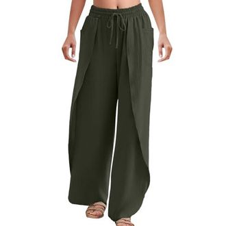 Generic Robe boh&egrave;me 2026 pour femme, pantalon d&eacute;t&eacute; &agrave; jambes larges, fente lat&eacute;rale fluide, palazzo, pantalon de plage taille haute, Vert, XXL