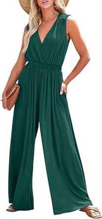 Onsoyours Combinaison Femme Élégant Festif Long Overall Sans Manches Jumpsuit Décontractée Taille Haute Jambes Larges Pantalon Business Romper De Vacances Plage