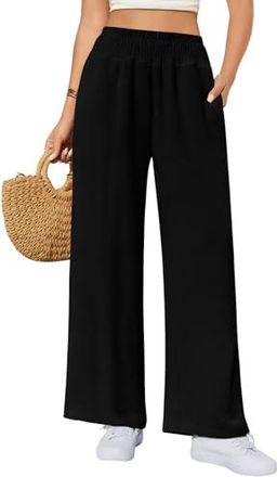 Heekpek Pantalon d&eacute;t&eacute; large pour femme - &Eacute;lastique - Taille haute - Fluide - L&eacute;ger et confortable - D&eacute;contract&eacute; - Pantalon Palazzo &eacute;l&eacute;gant - Avec poches, Noir