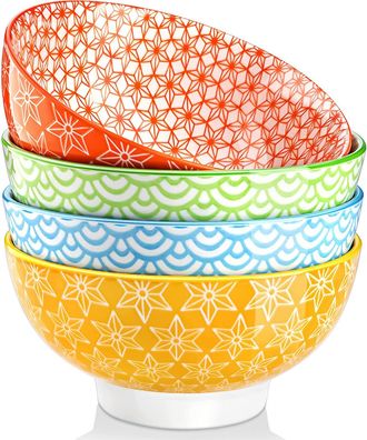 VANCASSO 4-teiliges Porzellan Schalen Set, 600 ml, Ø 15,2 x 7,2 cm, Mehrfarbige Müslischalen/Dessertschalen, Serie NATSUKI