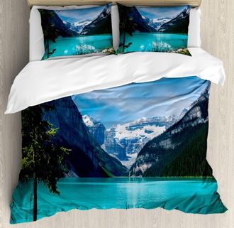 Abakuhaus Nationalpark Bettbezug Set f&uuml;r Einzelbetten, Lake Louise in Kanada, Milbensicher Allergiker geeignet mit Kissenbezug, 200 x 200 cm - 70 x 50 cm, Teal 