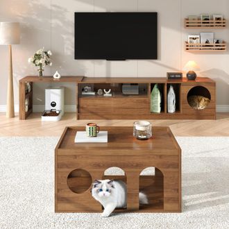 Generic TV-Schrank Set Walnuss Optik Drehbar & Ausziehbar Lowboard & Couchtisch mit Katzenh&ouml;hle 180-260 cm Variable L&auml;nge TV-M&ouml;bel L-Form Eckfernsehtisch Vint
