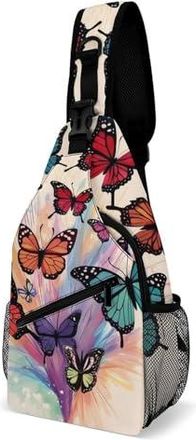 Generic Léger Sacoche Tactique Papillons colorés Sacs Poitrine Réglable,Antivol Sac à Poitrine pour école Cyclisme Randonnée