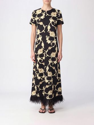 La DoubleJ Robe de soir&eacute;e longue en soie avec broderie florale et plumes