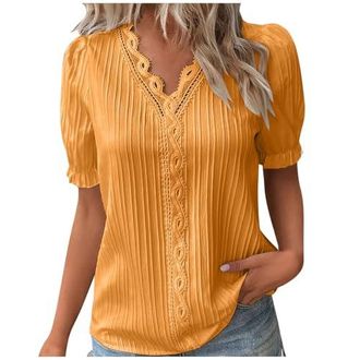 Generic Chemises tendance et &eacute;l&eacute;gantes en dentelle &agrave; manches courtes d&eacute;t&eacute; 2025 avec d&eacute;coupe brod&eacute;e et col en V pour femme - Couleur unie - Tenue d&eacute;contract&eacute;e 