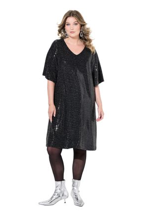 Miamoda Damen große Größen Übergrößen Plus Size Kleid, A-Linie, Pailletten-Optik, 3/4-Ärmel schwarz 48 836334100-48
