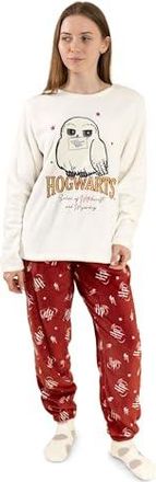 Harry Potter Ensemble Pyjama Femme Hedwige Manches Longues Jambes Longues | V&ecirc;tement de Nuit Douillet en Polaire Rouge et cr&egrave;me | Motif Poudlard | Produits d&eacute;riv&eacute;s