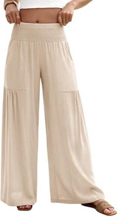 Heekpek Pantalon Lin Femme &Eacute;t&eacute; Fluide Chic Leger Pantalon Large Taille Elastique Pantalons Plage avec Poche, Abricot, S