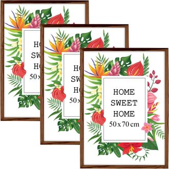 MG Design Set aus 3 Braun Bilderrahmen 50 x 70 cm - Aus echtem Holz mit Acrylglas, zum Aufhängen & Aufstellen, für Fotos, Poster & Puzzle