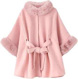 Generic Poncho avec bordure en fausse fourrure pour femme avec ceinture - Ch&acirc;le ample surdimensionn&eacute; - V&ecirc;tement dext&eacute;rieur &agrave; manches mi-longues, rose, Taille 