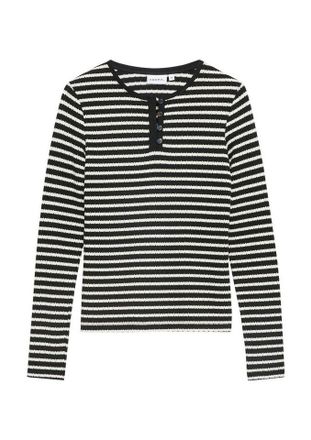 Comma Langarmshirt T-Shirt Strukturiertes Streifen-Shirt mit Knopfleiste