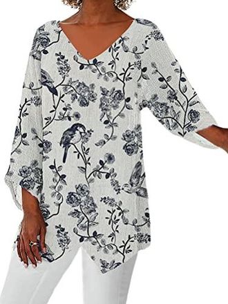 Onsoyours Femme Tunique À 3/4 Manches Longues Chemise Élégant Imprimée Blouses Casual Vintage Ample Swing T-Shirt Grande Taille Comfortable Chemisier Hauts Pull