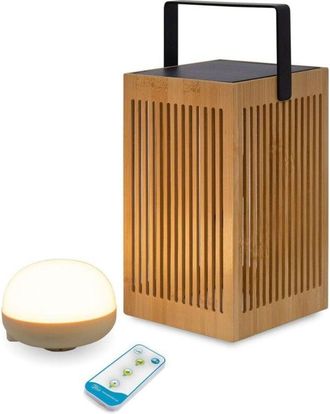 Licht-Erlebnisse Licht-erlebnisse - led Tischlampe au&szlig;en tragbar kabellos aus Holz Metall IP54 24 cm hoch 2700 k Fernbedienung Dimmer Outdoor Tischleuchte