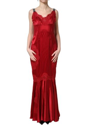 Dolce & Gabbana Womens Red Silk Sleeveless Maxi Long Lace Trim Dress Cotton Elastane Nylon
