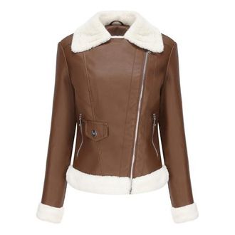 Generic Vestes pour femmes 2026 pour femmes, veste de moto courte de couleur unie, caf&eacute;, 3XL