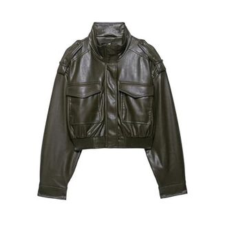 Generic Blouson aviateur vintage en simili cuir for femme, veste courte &agrave; fermeture &eacute;clair avec manches longues et poches lat&eacute;rales(Military green,xs)