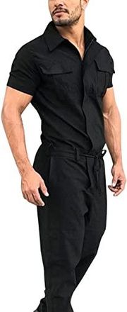 Generic Combinaison pour Homme Jumpsuit en Coton Salopette de Travail Grande Taille Longue avec Revers Manches Courtes avec Taille Haute Combinaisons Onesies 