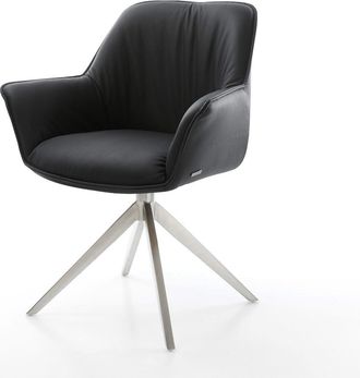 DELIFE Drehstuhl Keila-Flex mit Armlehnen Echt-Leder Schwarz Kreuzgestell breit Edelstahl 360° drehbar Wippfunktion, Esszimmerstühle