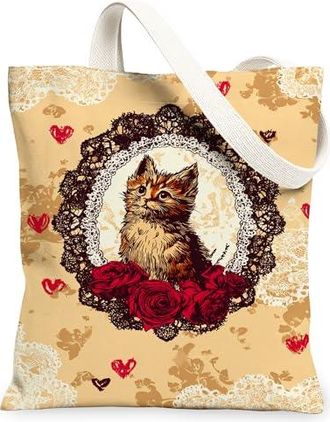 Generic Sac fourre-tout vintage en toile motif chat floral, sac &agrave; provisions r&eacute;utilisable, l&eacute;ger et lavable, bandouli&egrave;re en toile, beige, 13x15 Inch
