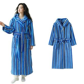 Generic QXDZSW Automne Hiver Couple Velours Corail Femmes Hommes Peignoir Ray&eacute; Longueur Maison &Eacute;paissie Flanelle Robe Pantalon Pyjama Ensemble, robe femme E, 