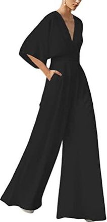 ORANDESIGNE Femmes Combinaison Manches Courtes Col en V Couleur Unie Barboteuse Jumpsuit été Chic Pantalon Large Taille Haute Casual Combishort avec Ceinture Déco