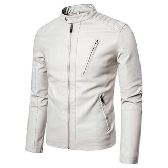 Generic Veste bomber classique en similicuir pour homme avec col montant et fermeture éclair - Coupe ajustée, blanc, 64