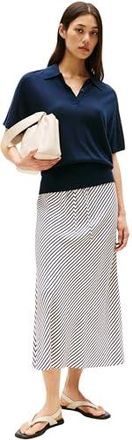 Tommy Hilfiger Jupe Femme Twill Midi Bias avec Lien à Nouer, Multicolore (Textured STP/Dark Night Navy), 44