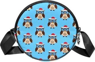Generic Petit sac &agrave; bandouli&egrave;re rond pour femme, motif hiboux de No&euml;l, sac &agrave; dos avec fermeture &eacute;clair, bretelles r&eacute;glables, sac &agrave; main rond d&eacute;contract&eacute; pour 
