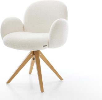 DELIFE Drehstuhl Nube-Flex mit Armlehnen Boucl&eacute; Soft Beige Holzgestell kantig Natur 180&deg; drehbar Taschenfederkern, Esszimmerst&uuml;hle