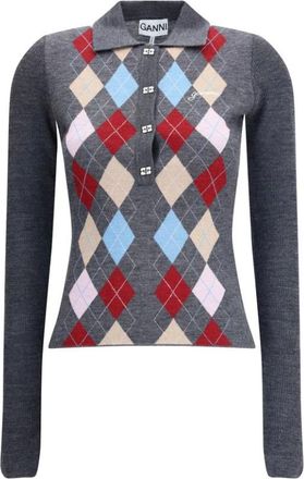 Ganni Femme, Pulls, Gris, Taille: 42 FR Rhombus Print Polo Sweater