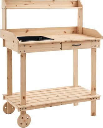 OUTSUNNY Pflanztisch mit Schublade 2 Stufen G&auml;rtnertisch mit waschbecken und Rollen Garten Tannenholz Natur 92 x 45 x 119 cm