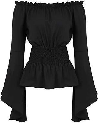 Grebrafan Chemisier Renaissance pour Femme Steampunk Gothique Rétro Médiévale Manches Cloche Top Retro (EUR(50-52) 7XL, Noir)