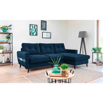 Mørteens home24 Ecksofa mit Longchair Blau/Petrol Samt Krysia 233 x 90 x 148cm Longchair davorstehend rechts mit Schlaffunktion Glamour