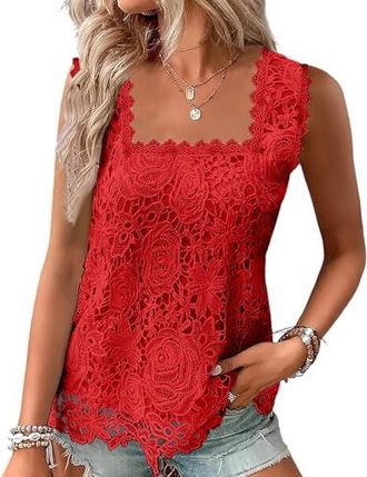 Generic Hauts en dentelle pour femme - &Eacute;l&eacute;gant d&eacute;bardeur pour femme - Sans manches - Chemisier d&eacute;t&eacute; ample - Chemisier basique - Broderie - T-shirt d&eacute;t&eacute; - T-sh