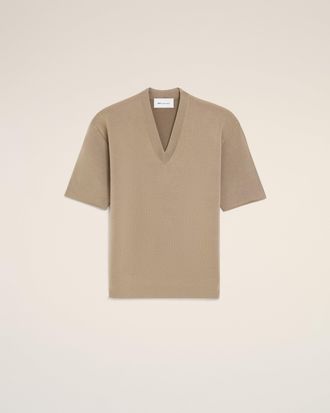 Ami Pull Beige Col V Manches Courtes en Laine Beige Taupe - XXS - Femme