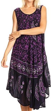 Sakkas B900 Moon and Stars Batik Caftan Tank Dress/Cover Up - Navy/Purple - OS