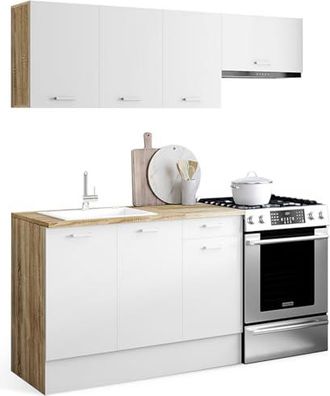 IDMarket Cuisine compl&egrave;te 180 cm Subtil avec Plan de Travail 5 &eacute;l&eacute;ments Bois et Blanc