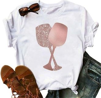 Keephen Verre &agrave; Vin T-Shirt pour Femmes Nouveaut&eacute; Verre &agrave; Vin Impression 3D T-Shirts &Eacute;t&eacute; Col Rond Manches Courtes Chemises &Eacute;t&eacute; Tee Casual Tops