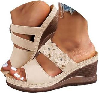 Generic Sandales compens&eacute;es orthop&eacute;diques pour femme 2025 - Sandales d&eacute;t&eacute; habill&eacute;es en li&egrave;ge - Bout ouvert - Sangle de cheville - Style boh&egrave;me - Confortables 