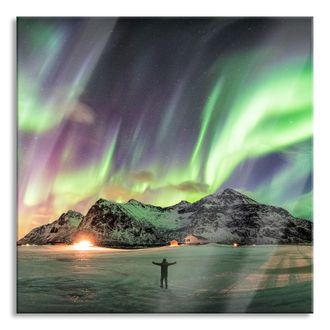 Pixxprint Glasbild, Wandbild auf Echtglas, Polarlichter &uuml;ber den Bergen bei Nacht, 80x80 cm, inkl. Aufh&auml;ngung und Abstandshalter