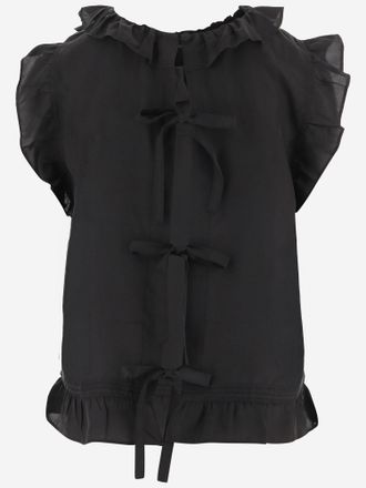 The Garment Womens Silk Ruffle Top With Back Ties Black Tops